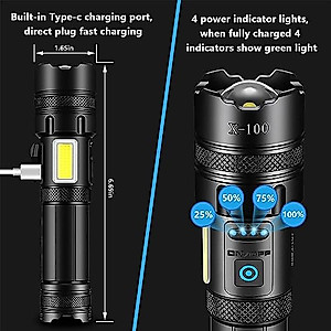 JAY-PARK Flashlights High Lumens Rechargeable, LED Flashlight Rechargeable Super Bright 250000 Lumen, Powerful Flashlight with COB Side Light for Camping, Power outages