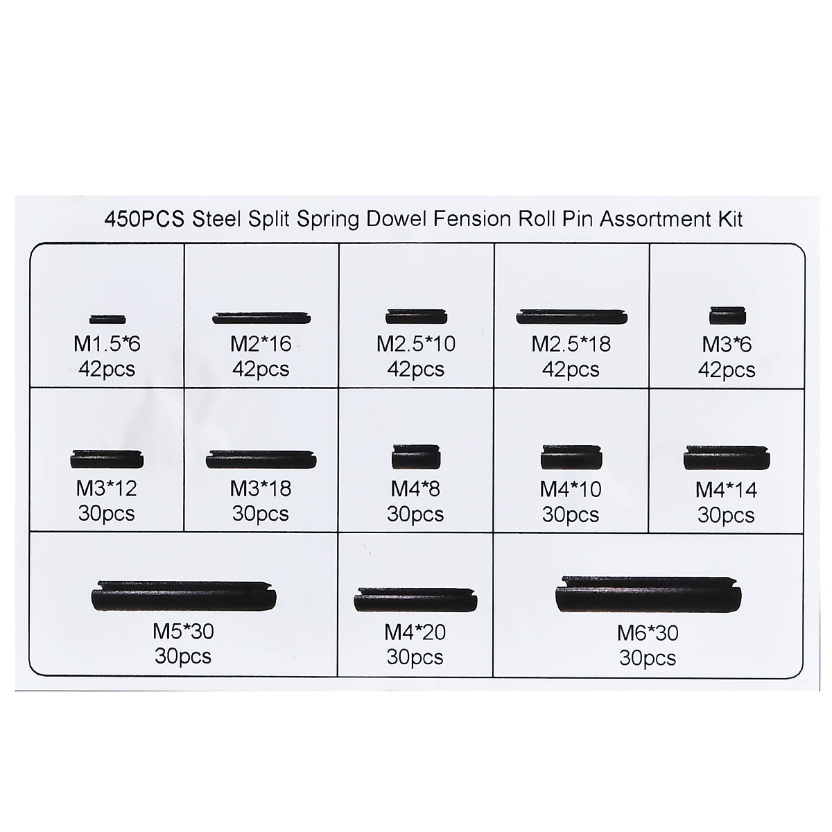 Gransuncy 450Pcs Roll Pin Assortment Set, Metric Roll Pins, Slotted Spring Pins M1.5 M2 M2.5 M3 M4 M5 M6 Slotted Metric Spring Pins Hardware Assortment Kit