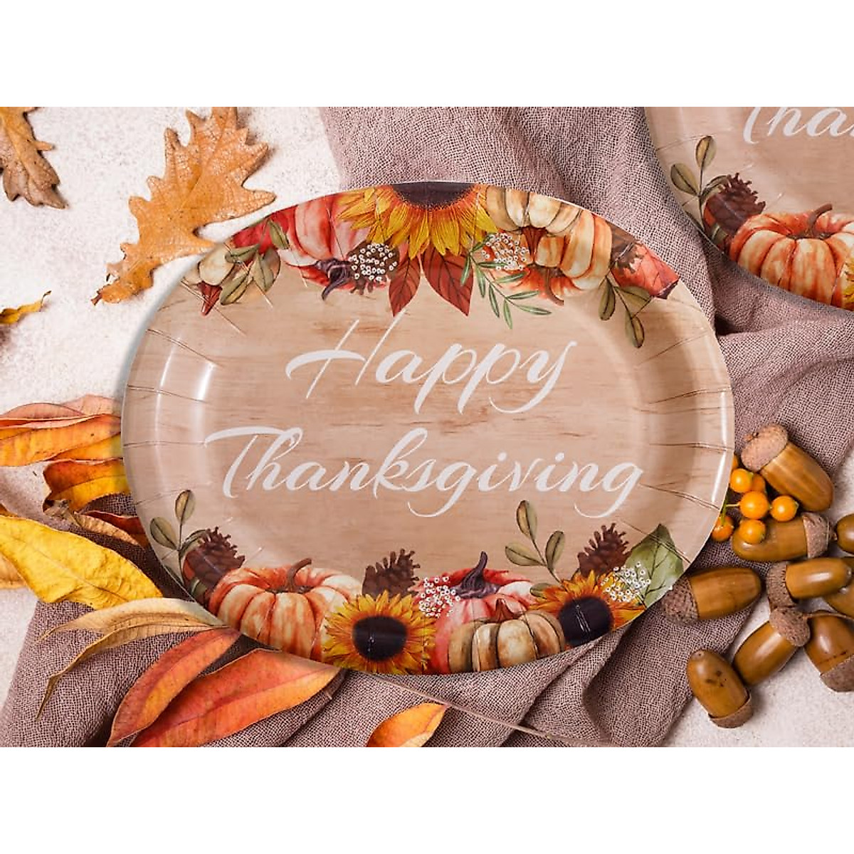 WDF 50Pack Thanksgiving Paper Plates - 10" x 12" Oval Paper Plates Dinner Size Large Disposable Platter Heavy Duty For Happy Thanksgiving Serving Tray Autumn Fall Harvest Party Supply