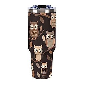 LLUTSNTH 40 Oz Vacuum Tumbler with White Handle Leakproof Insulated Tumbler Cute Brown Cartoon Owls Stainless Steel Travel Mug with Lid And Straw Coffee Cup Cute Water Bottles Cup Holder Friendly