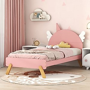 Lifeand Twin Size Bed with Shelf Behind Headboard,Wooden Cute Platform Bed with Curved Headboard,Pink