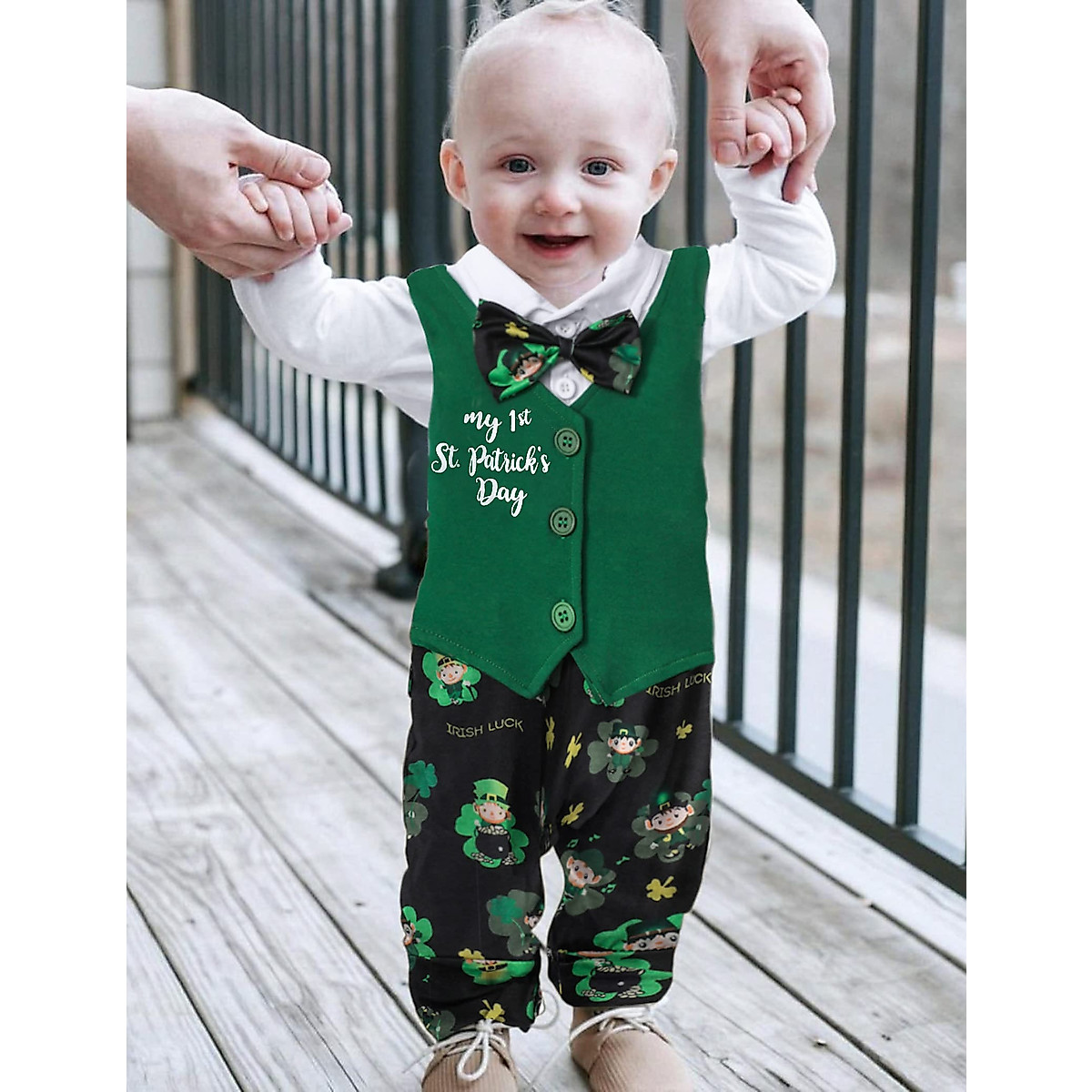 WIQI toddler boy St. Patrick's Day clothes Long Sleeve St. Pat's Day Shirt Romper Jumpsuit+ bow tie baby boy St. Patrick's Day outfit