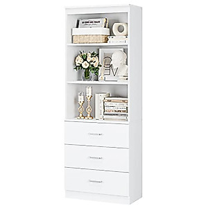 FOTOSOK 71 Inches Tall Storage Cabinet, Bookcase with 3 Drawers and 3-Tier Open Shelves, Wooden Bookshelf Storage Organizer for Living Room, Study, Kitchen, Home Office, White