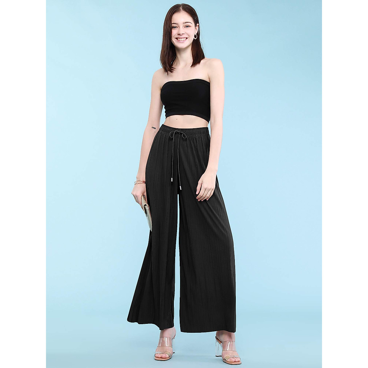 Made By Johnny MBJ WB1484 Womens Pleated Wide Leg Palazzo Pants with Drawstring OneSize Black