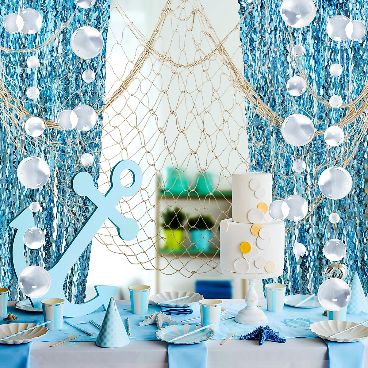 ZERODECO Party Decorations, Natural Fish Net with Fringe Curtain and Bubble Garlands for Nautical Decor Pirate Party Kids Birthday Under The Sea Party Mermaid Decor Room Wall Decor