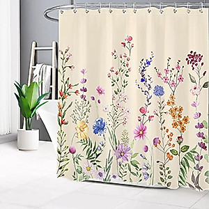 LB Farmhouse Floral Shower Curtain for Bathroom,Nature Colorful Wildflower and Green Botanical on Beige Fabric Shower Curtain with Hooks,Spring Country Theme Bathroom Curtains Shower Set, 72x78 inches