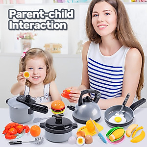 Cute Stone Kids Kitchen Pretend Play Toys,Play Cooking Set, Cookware Pots and Pans Playset, Peeling and Cutting Play Food Toys, Cooking Utensils Accessories, Learning Gift for Toddlers Baby Girls Boys