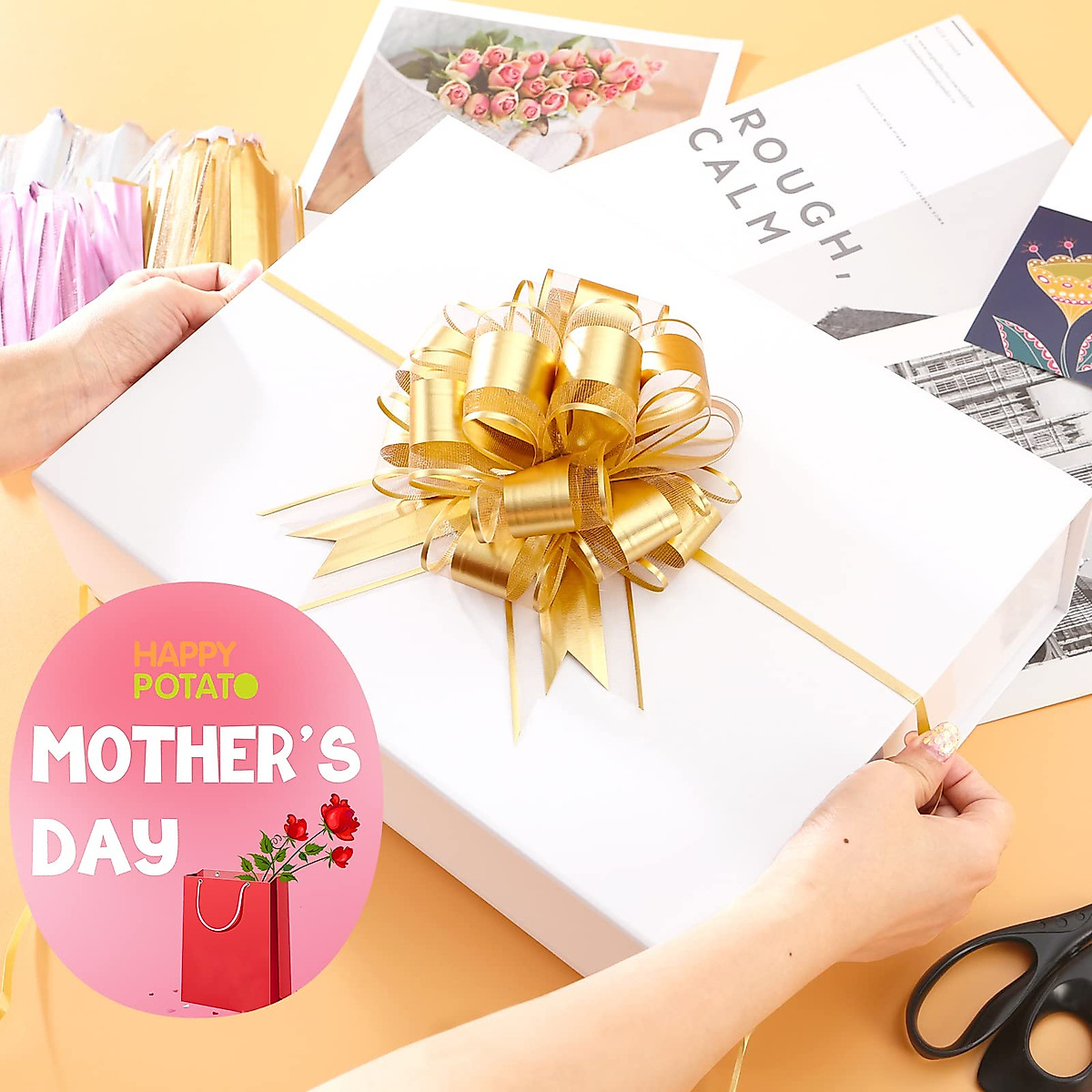 HAPPY POTATO Gift Bows, 6 inches Large Gold Pull Bows, Bows for Gifts, Large Bows for Presents, Pull Bows with Ribbon for All Occasions (Pack of 15)