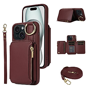 Furiet Wallet Case for iPhone 15 6.1 inch with Wrist Shoulder Strap Card Holder Ring StFlip Zipper PU Leather 6+ Slots RFID Blocking Phone Cover for iPhone15 5G i i-Phone i15 15Case Wine Red