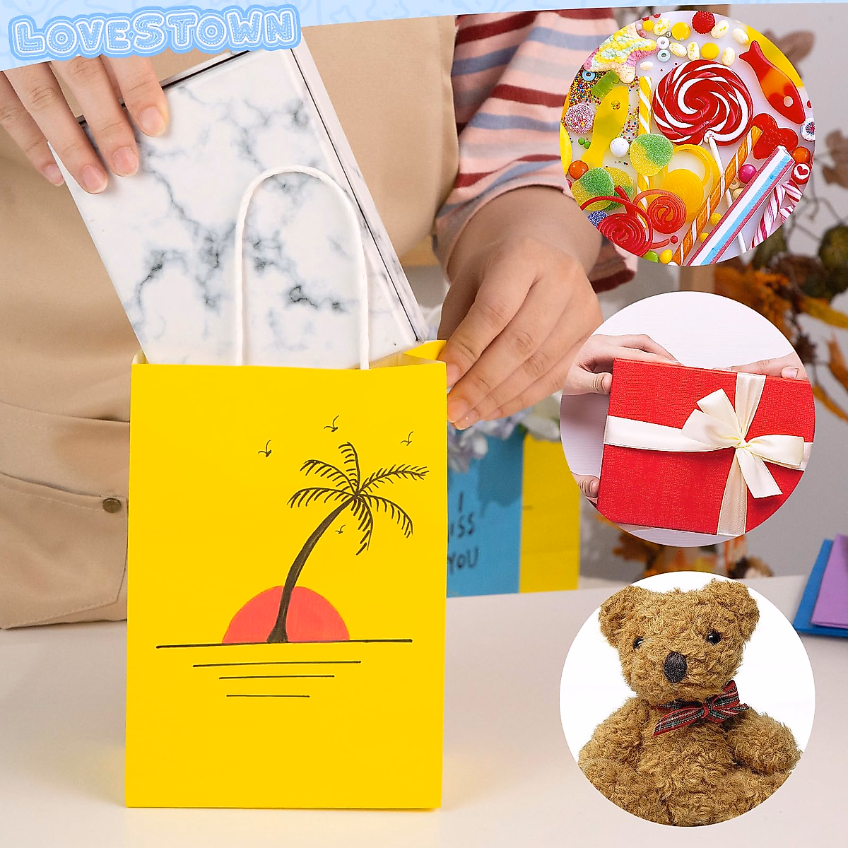 LovesTown 18PCS Gift Bags with Tissue Paper, Party Favor Bags with Handles Small Gift Bags Set 6 Colors for Gift Wrap Birthday and Wedding