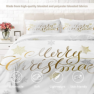 BaoNews Golden Christmas Merry Christmas Duvet Cover Set King Size,3 Pieces Silver Gray Snowflake Bedding Set Hotel Quality 100% Cotton Comforter Cover Set with 2 Pillowcases(No Filler)