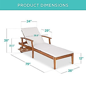 Best Choice Products 79x26in Acacia Wood Chaise Lounge Chair Recliner, Outdoor Furniture for Patio, Poolside w/Slide-Out Side Table, Foam-Padded Cushion, Adjustable Backrest, Wheels - Cream