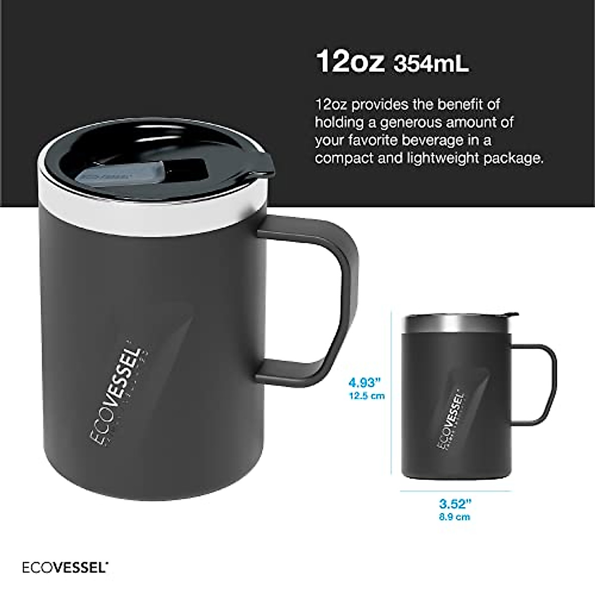 EcoVessel TRANSIT Stainless Steel Travel Mug/Coffee Mug with Slider Lid & Ergonomic Handle, Tumbler With Handle Insulated Coffee Mug - 12oz (Grey Smoke)