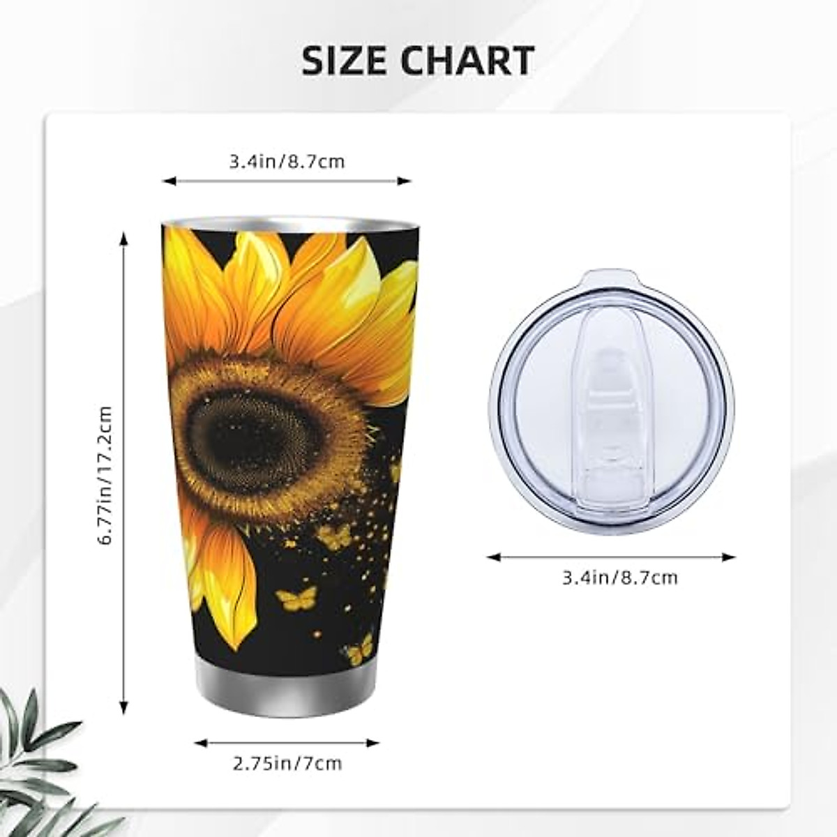 AYCZN Watercolor Sunflower Butterfly 20 OZ Tumbler Stainless Steel Travel Coffee Mug, Floral Insulated Water Bottle with Lid and 2 StrawsLeakproof Thermal Cup
