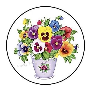 Pansies in Flower Pot Envelope Seals Labels Stickers 1.5" Round (30)