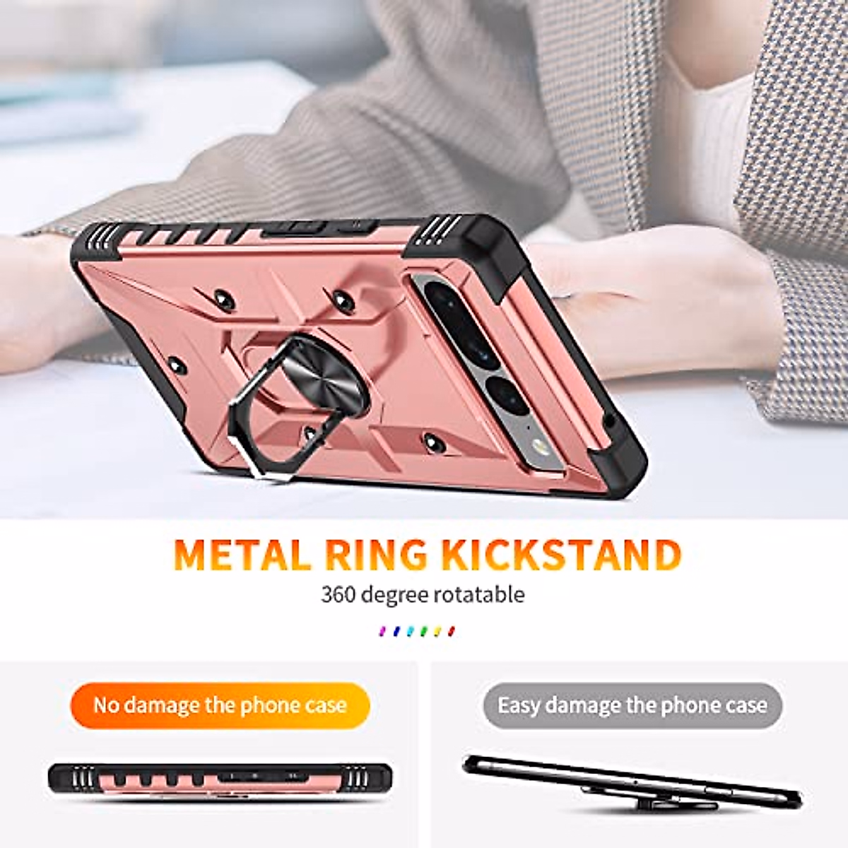 Compatible with Google Pixel 7 PRO Case with [2 Pack] HD Screen Protector,360 Ring Kickstand,Military Grade Heavy Duty Shockproof Hybrid Hard Protective Phone Case Google Pixel 7 PRO Pink