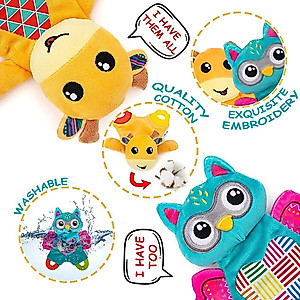 teytoy 2 Pcs Crinkle Toys for Baby with Teether, Baby Teething Sensory Toys Newborn Bib Saliva Soother Towel, Soft Snuggle Sleeping Security Blanket for Unisex Babies 0-36 Months Gifts(Owl and Deer)