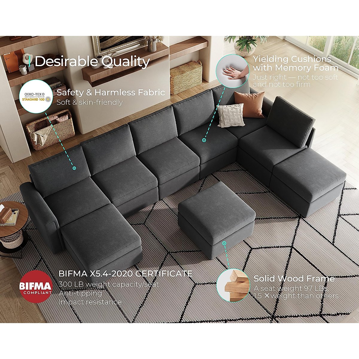 LINSY HOME Modular Sectional Sofa, Oversized Sectional Couch with Storage, Ottomans, Modular Sectional Sleeper Sofa with Memory Foam, 9 Seat U Shape Sofa Set for Living Room, Dark Grey