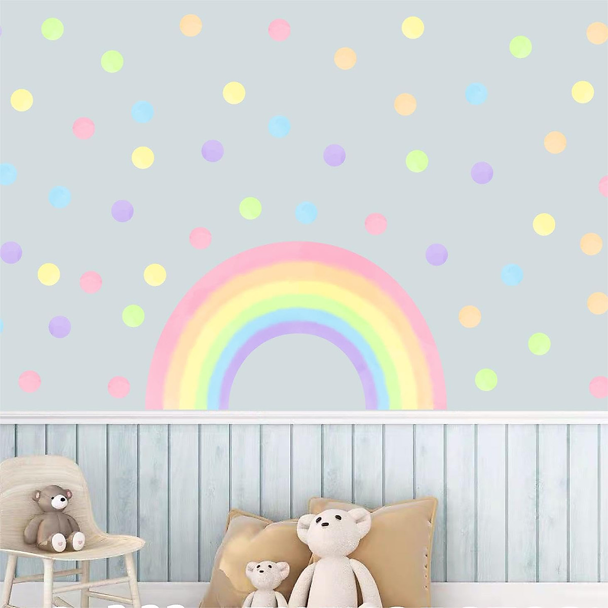 Colorful Rainbow Wall Decals Large Rainbow Wall Stickers Circle Polka Dots Wall Stickers Watercolor Rainbow Wall Decals for Girls Bedroom Nursery Kids Room