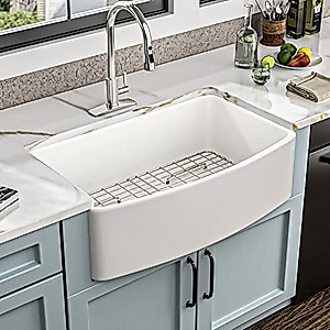 33 White Farm Sink - Fulorni 33"x20" Curved Apron Front Farmhouse Sink Single Bowl Ceramic Porcelain Fireclay Farmer Style Kitchen Sink Basin