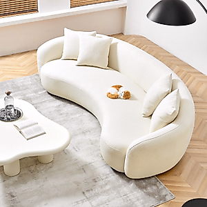 VnndeNest 101'' Sofa Couch, Modern Curved Half Moon Sectional Sofa, Teddy Fleece Boucle 5-Seat Sofa Couch with 4 Throw Pillows, Luxury Comfy Sofa for Living Room, Bedroom, Office, Apartment, Beige