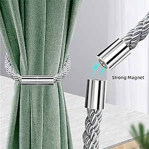 VIKIMORA 2 Pack Curtain Tiebacks for Draperys Gray, Strong Magnetic Curtain Tie Backs,Curtain Holders for Thick Drapes,Gray Cotton Rope Tie Backs for Heavy Duty Drapes,Gray