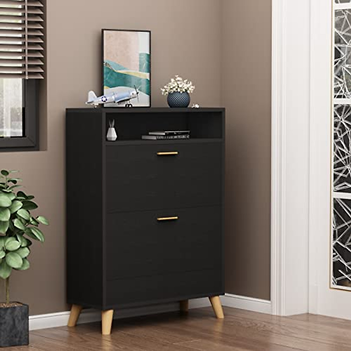 Gyfimoie Shoe Storage Cabinets, Free Standing Shoe Organizer with 2 Flip Drawers for Entryway, Narrow 3 Tier Entryway Hidden Shoe Rack with Doors (Black)