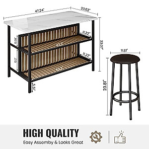 AWQM 3 Piece Bar Table Set,Kitchen Island Table with Storage and Seating Counter Bar Table Table and Chairs Set with Shelves,Faux Marble Dining Table Set for 2,Kitchen Table Set for Small Space,White