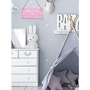 Utuichuo Girl Cave Sign Girls Bedroom Decorations, Hanging Wooden Door Sign for Teen Girl Kids Bedroom Living Room Wall Decor, No Boys Allowed Sign