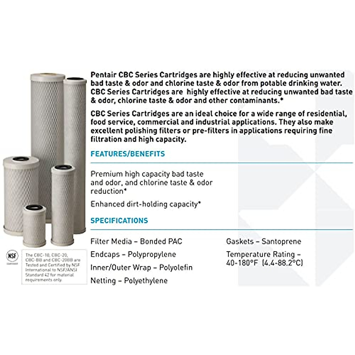 Pentair Pentek CBC-10 Carbon Water Filter, 10-Inch, Under Sink Carbon Block Replacement Cartridge with Bonded Powdered Activated Carbon (PAC) Filter, 10" x 2.5", 0.5 Micron