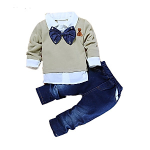 puseky 2pcs Toddler Baby Boys Bow Tie Shirt Tops+Denim Pants Gentleman Clothes Outfits for Baby Boys 2T 3T
