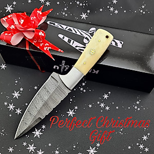 Knife4U Damascus Hunting Knife With Sheath|8"Best Camping,Hiking,Tactical,Survival Knife For Men|EDC Bushcraft Accessories Tool|Sharp Blade With Natural Handle And Knife Display Box (Camel Bone)