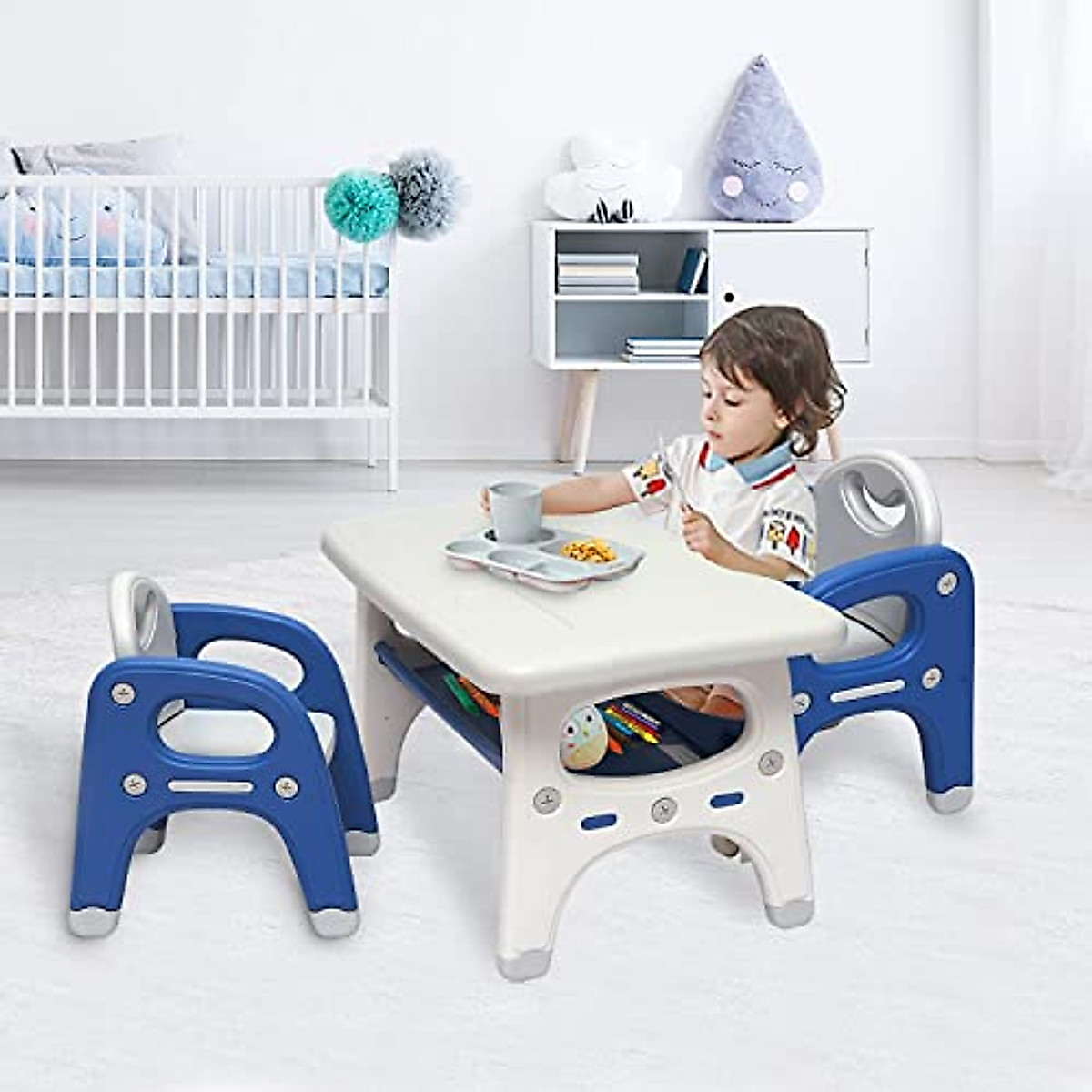 KINBOR BABY Kids Table and Chair Set - Activity Table for Toddlers 1-3 (Blue & White 1)