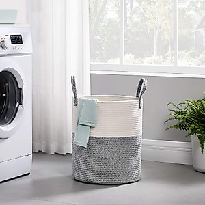 SONGMICS Woven Cotton Rope Basket, Toy Storage Bin with Handles, Blanket Storage for Pillows, Clothes in Living Room, Bedroom, Gray and Beige ULCB440G01