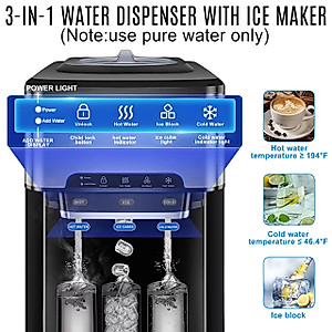 Water Cooler Dispenser Built-in Ice Maker Countertop,3-in-1 Portable Ice Machine 44lbs Daily,Top Loading 5 Gallon Water Dispenser w. Child Safety Lock & Tri-Temp Water Option-Hot,Cold & Ice Block