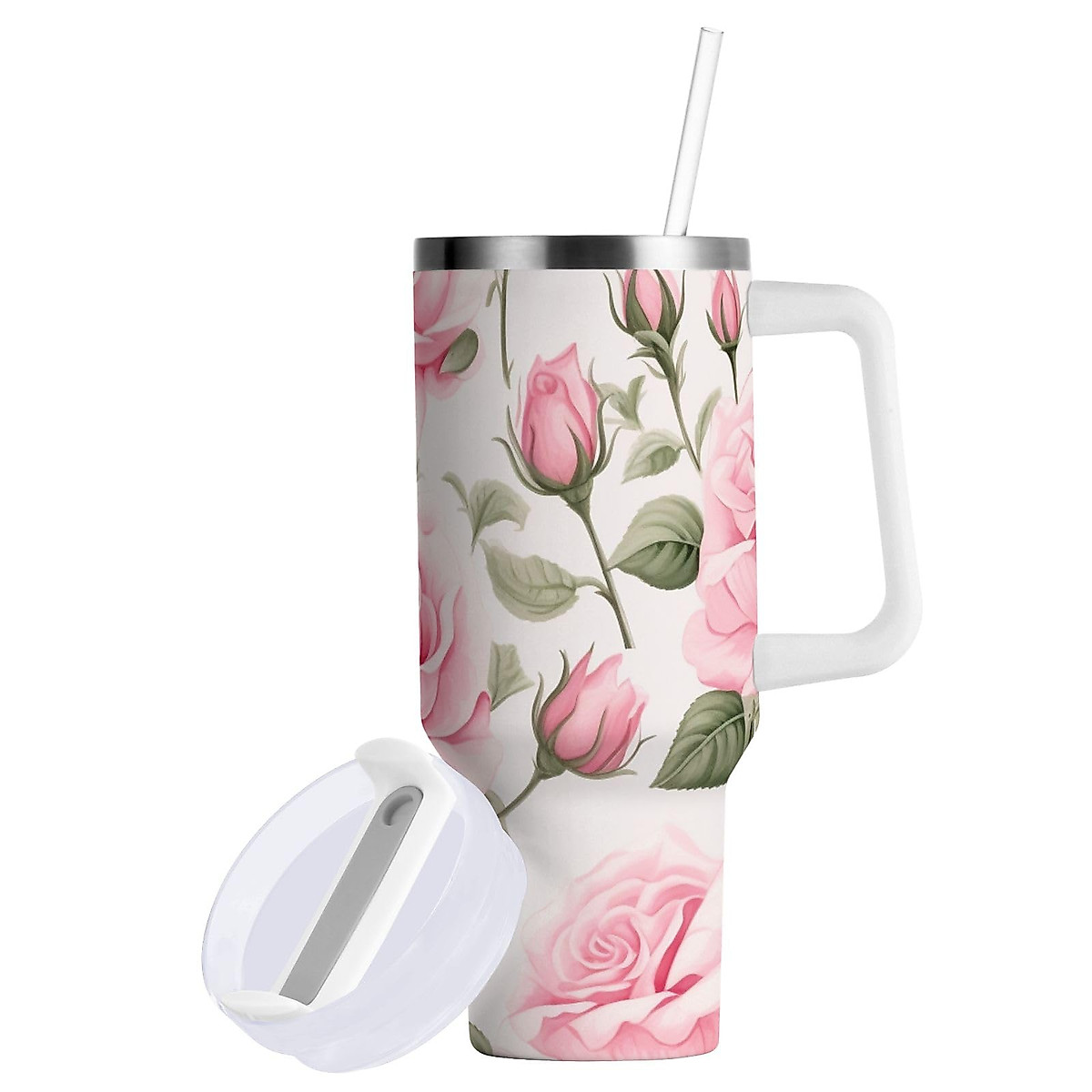 30 oz Chic Pink Rose Insulated Tumbler with Handle, Stainless Steel Vacuum Water Bottles with Lid and Straw for Water, Iced Tea or Coffee