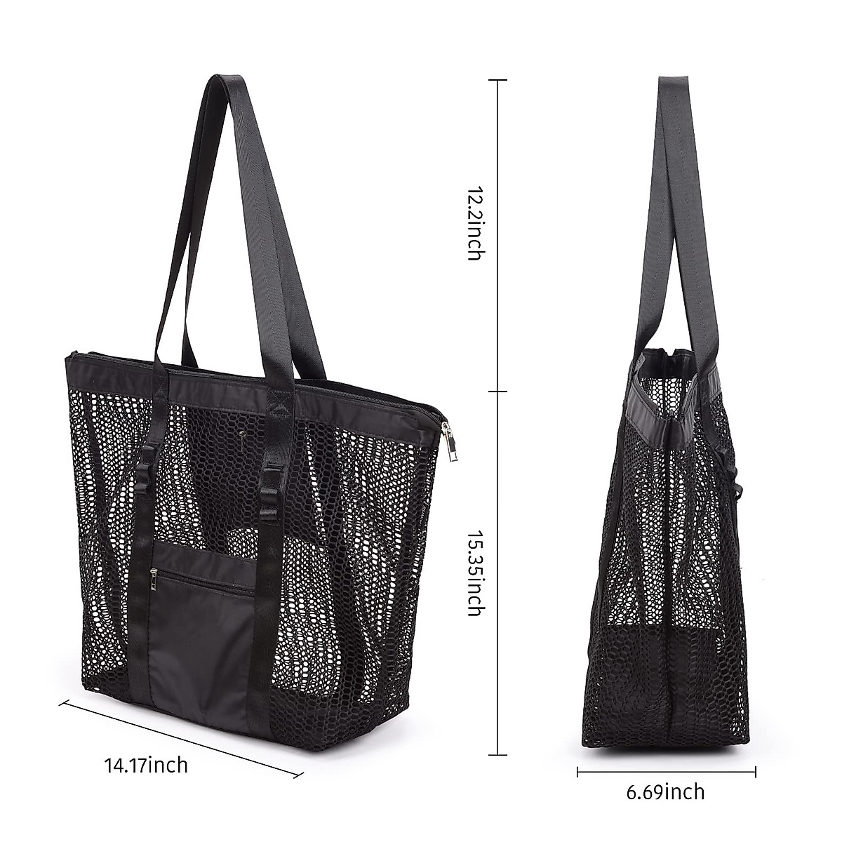 Tainehs Mesh Beach Tote Large Zipper Bag Shopping bags Grocery bag 2023 Upgrade for Women with Multiple Pockets for Family Shopping Travel Swimming Waterproof Pool Bag Black