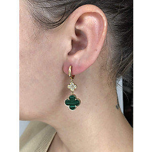 Lavari Jewelers Elegant Flower Drop Earrings for Women - Green Malachite & Cubic Zirconia in 925 Sterling Silver Clover Dangle Earrings - Hypoallergenic Yellow Gold Plated - Secure Hinge Post