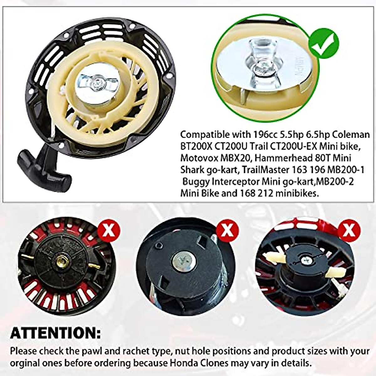 Predator 212 Pull Start Assembly, Replacement Predator 212cc Recoil Starter 5.5HP 6.5HP 7HP Coleman CT200U BT200X Trail CT200U-EX TrailMaster MB200 Go Kart Champion 196cc Generator Pull Starter Kit