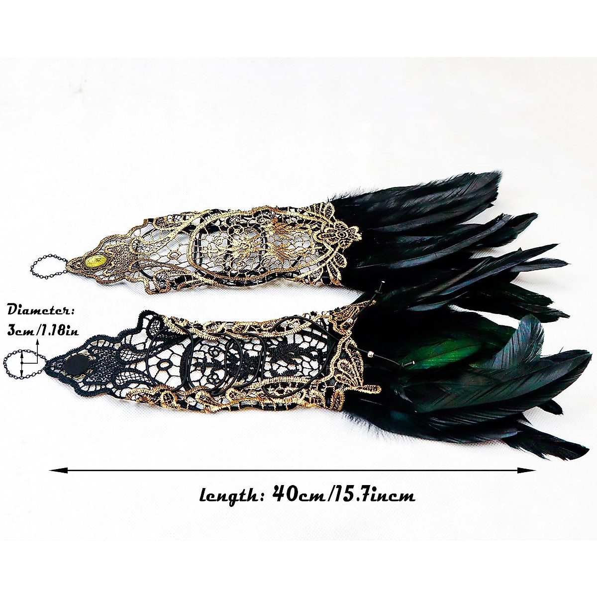 L'VOW 2Pcs Gothic Black Lace Feather Long Gloves for Women Halloween Witch Costume Swan Wristband Cuff