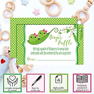 Two Peas In A Pod Twin Girls Diaper Raffle Tickets for Baby Showers, 20 2" X 3” Double Sided Insert Cards for Games by AmandaCreation, Bring a Pack of Diapers to Win Favors & Prizes!