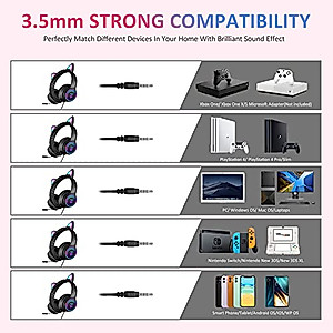 VIGROS Cat Ear Gaming Headphones Wired AUX 3.5mm LED Light, Noise Canceling Game Headphones Stereo Foldable Over-Ear Headsets with Microphone Fit Girls, Kids for PC, PS4, Switch, Xbox, Mobile, Laptop