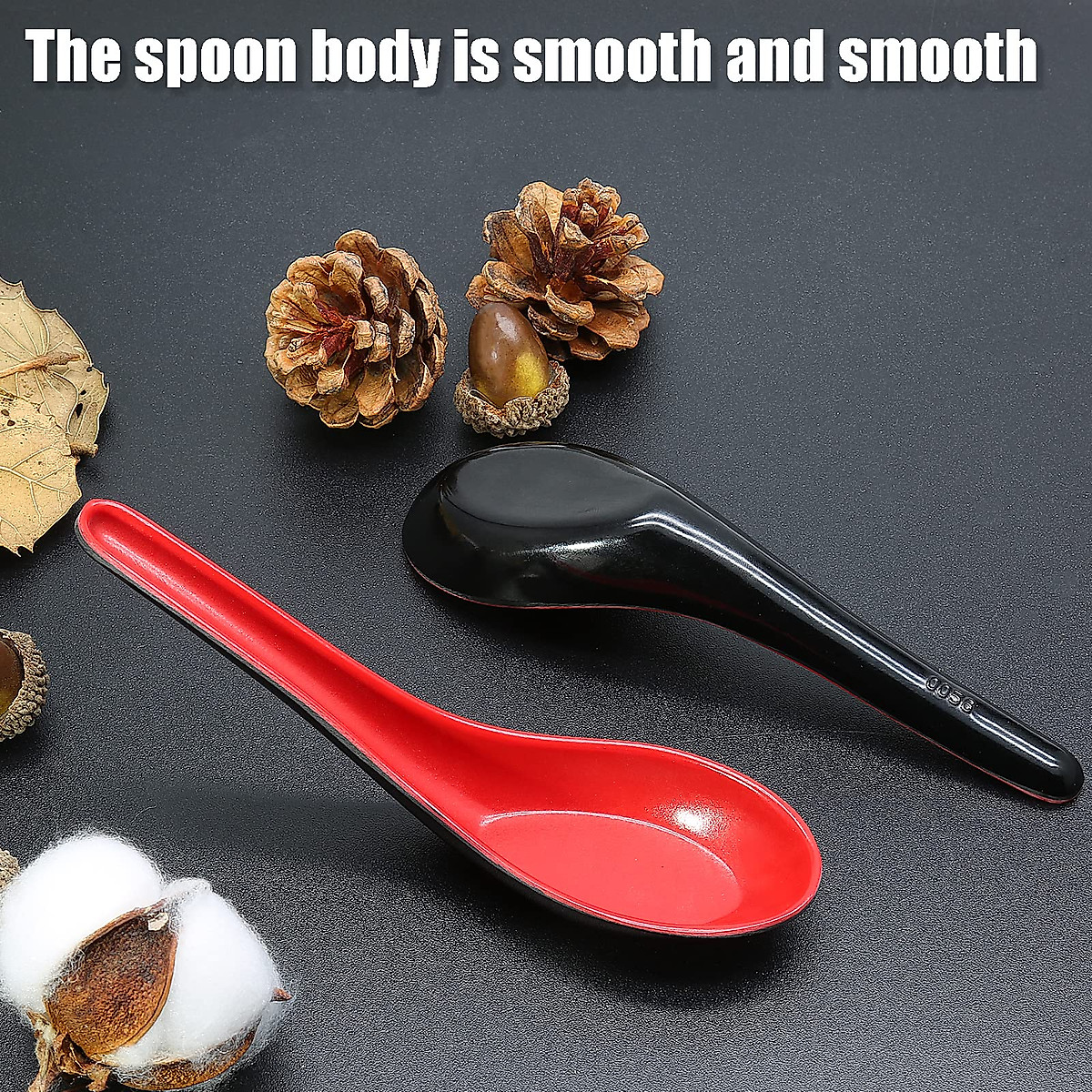 Cionyce 2PCS Asian Soup Spoons, Chinese Japanese Miso Ramen Wonton Dumpling Pho Rice Noodle Soba Soup Spoons, Red and Black Melamine Spoons