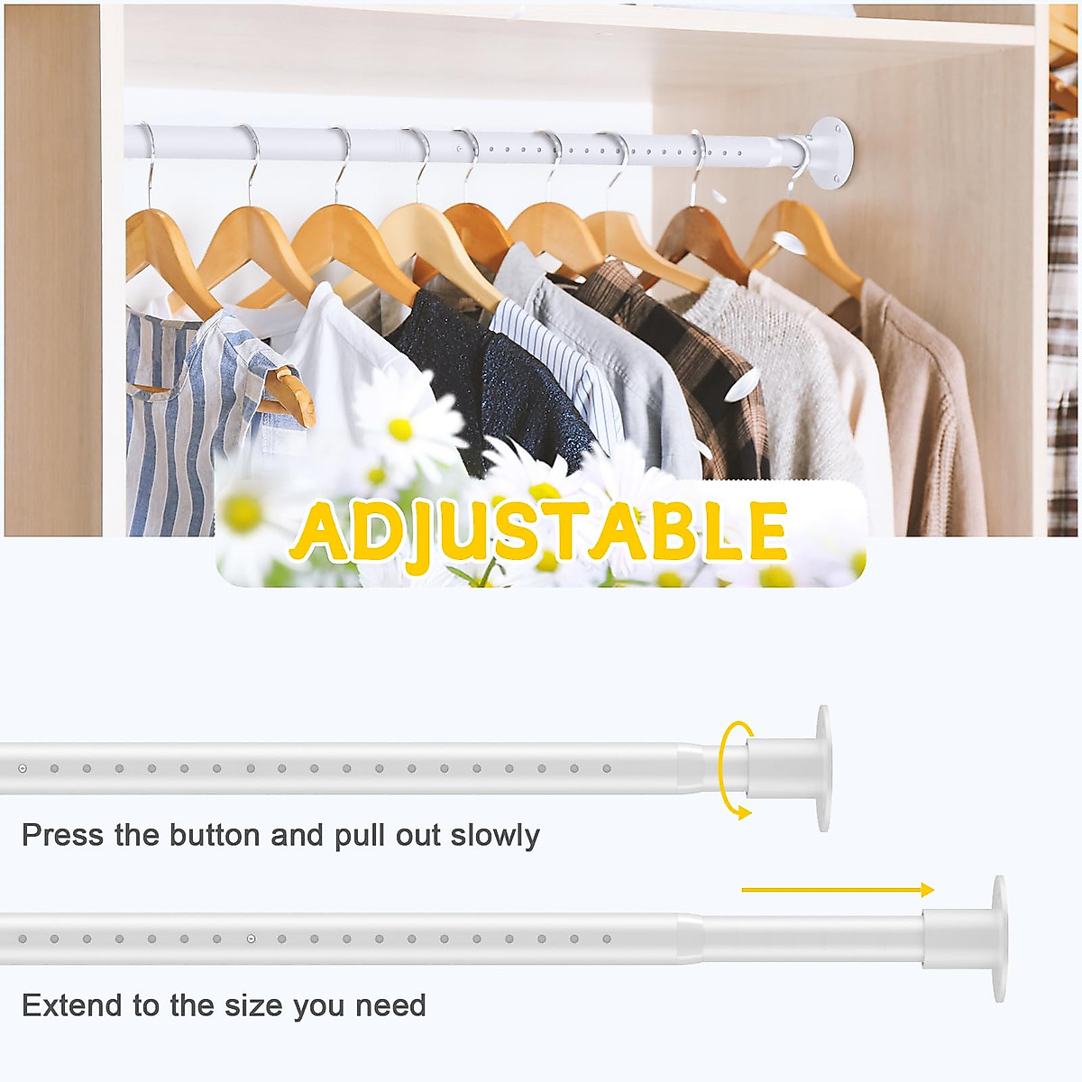 Closet Rod,17-82 Inch Heavy Duty Closet Rods for Hanging Clothes Adjustable Clothes Hanging Rod White Closet Rod for Wardrobes or Closet