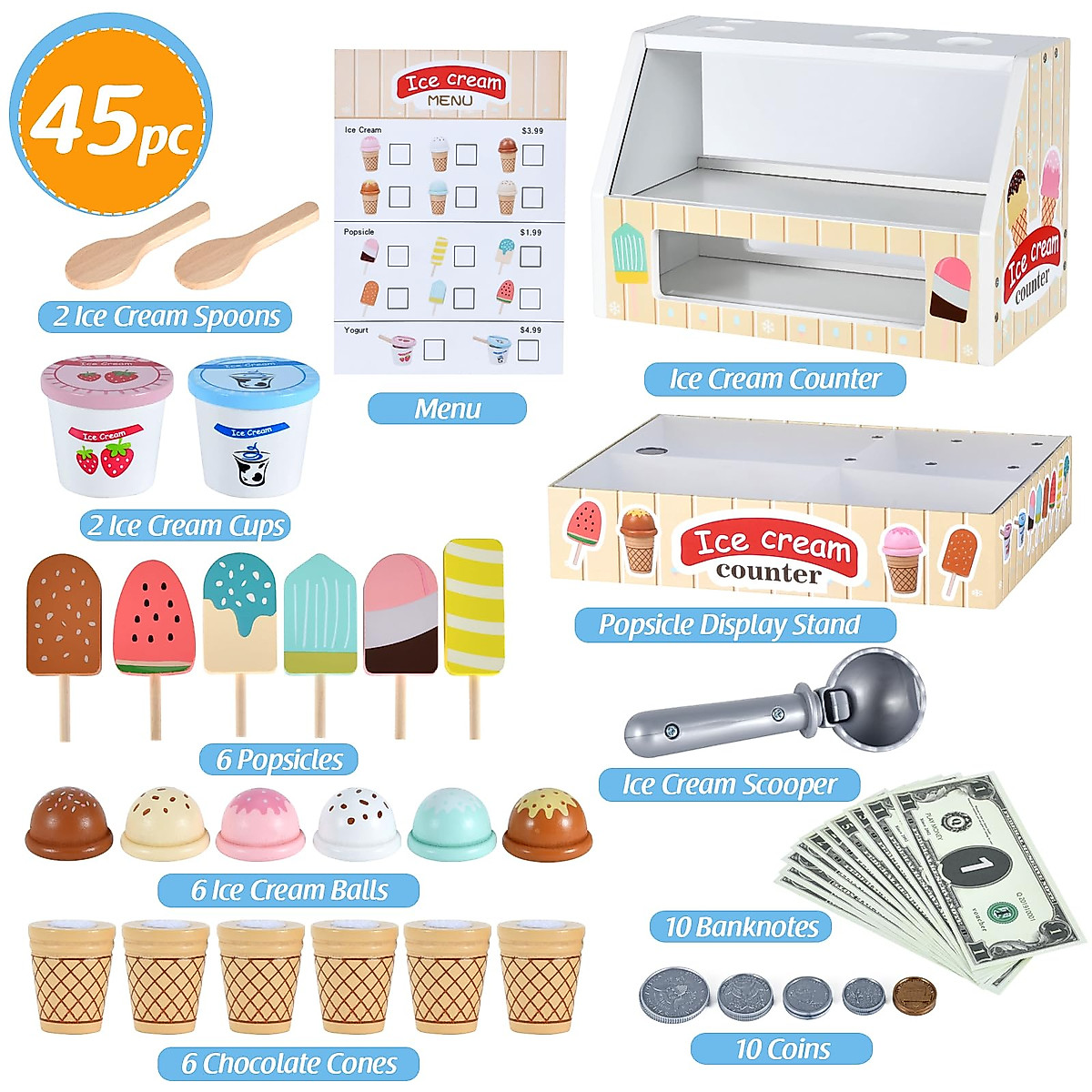 Wooden Ice Cream Toys Kids Play Store Pretend Toy for Toddlers, Play Kitchen Accessories with Scoop & Menu & Fake Money, Ideal Ice Cream Play Set Gifts for 3 4 5 6 7 8 Year Old Girls Boys