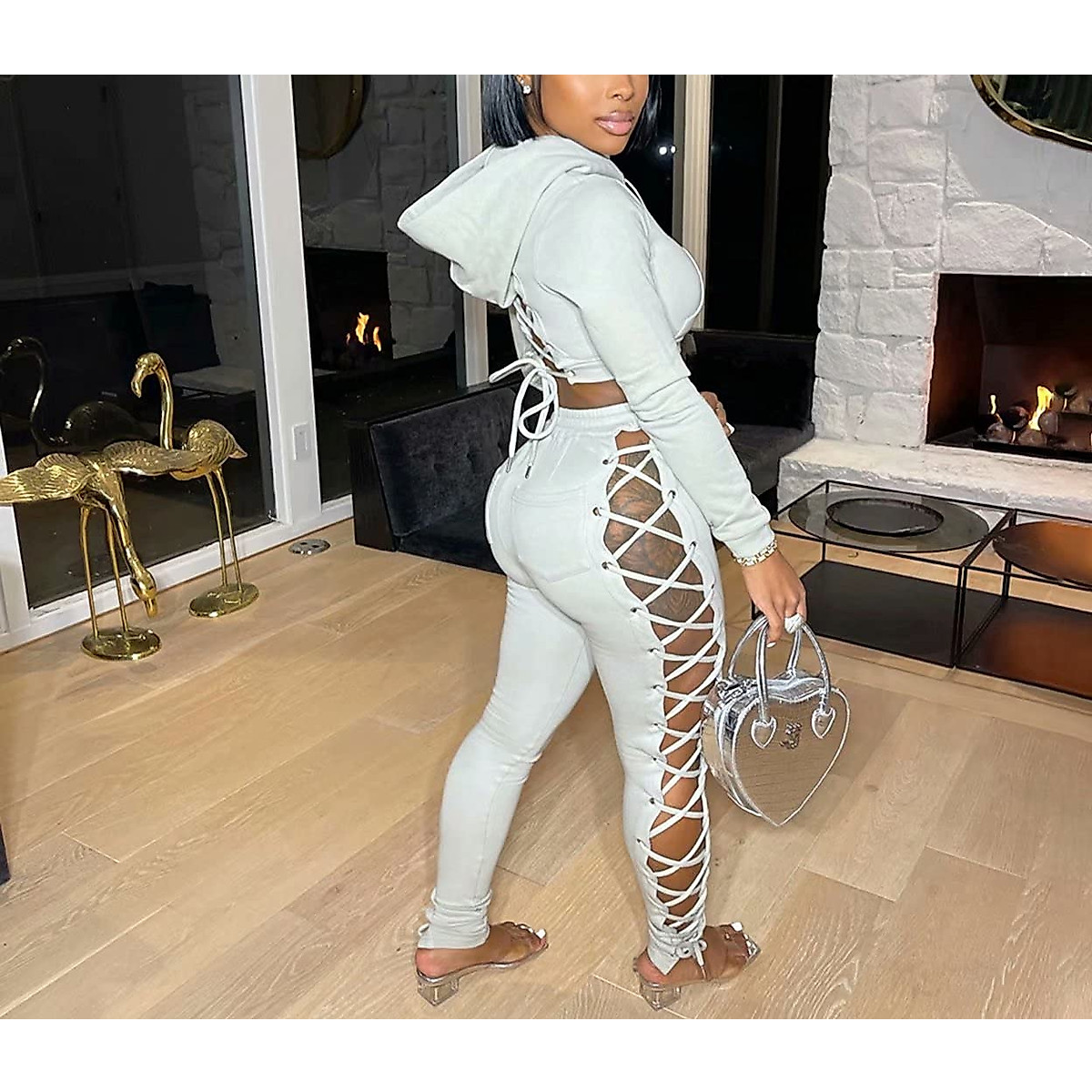 Track Suits for Women Lace Up Hoodie Crop Top and Bandage Long Pants Sets Two Piece Outfits Matching Jumpsuit Party Grey Small