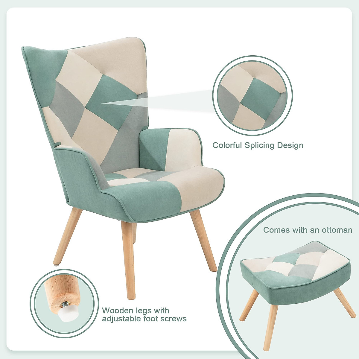 KGOPK Accent Chair with Ottoman, Living Room Chair and Ottoman Set,Comfy Side Armchair with High Back for Bedroom,Office(Patchwork Blue)