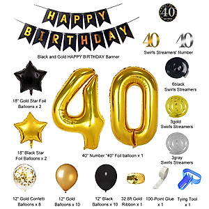40th Birthday Decorations for Men Women, Black and Gold Party Decorations Kit - Happy Birthday Banner Black and Gold Balloons Confetti Balloons Swirls for 40th Birthday Decorations Party Supplies