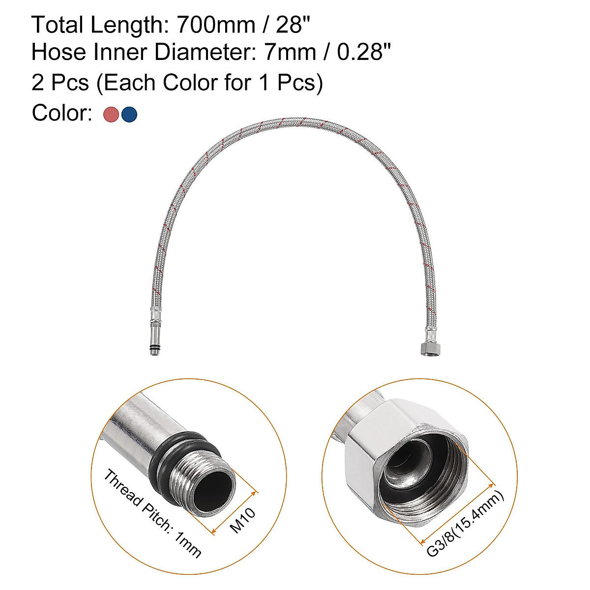 uxcell 28 Inch Long Faucet Supply Line Connector, 2pcs G3/8 Female Compression Thread x M10 Male Connector Braided M10x1mm 304 Stainless Steel Water Supply Hose Line