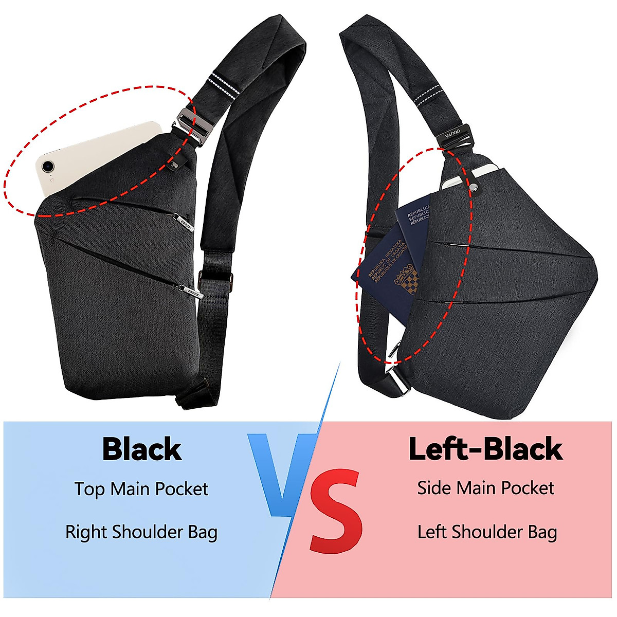 VADOO Personal Flex Bag, Anti-theft Crossbody Bag for Travel Sport Lightweight Sling Bag Left Shoulder Bag for Women and Men